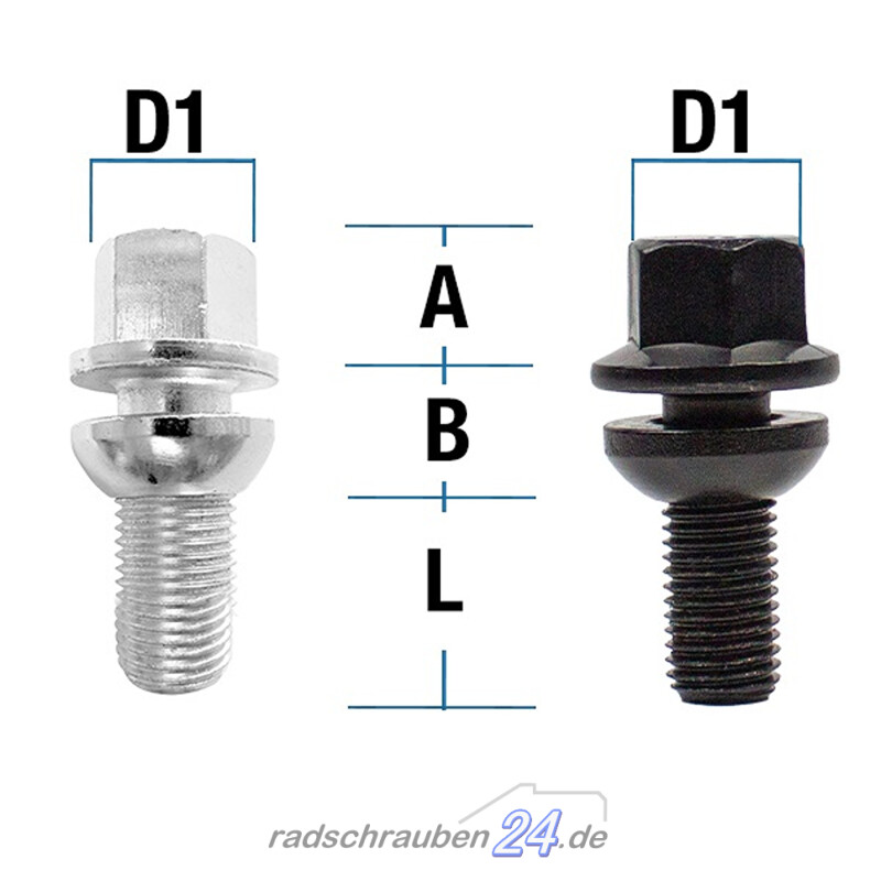 Radschraube M12 x 1,5 x 22 - 52mm Kugelbund R12 zweiteilig mit Versat