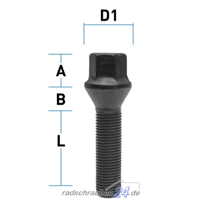 Radschraube M14 x 1,25 x 33mm Kegelbund 60° SW17 schwarz - radschraub